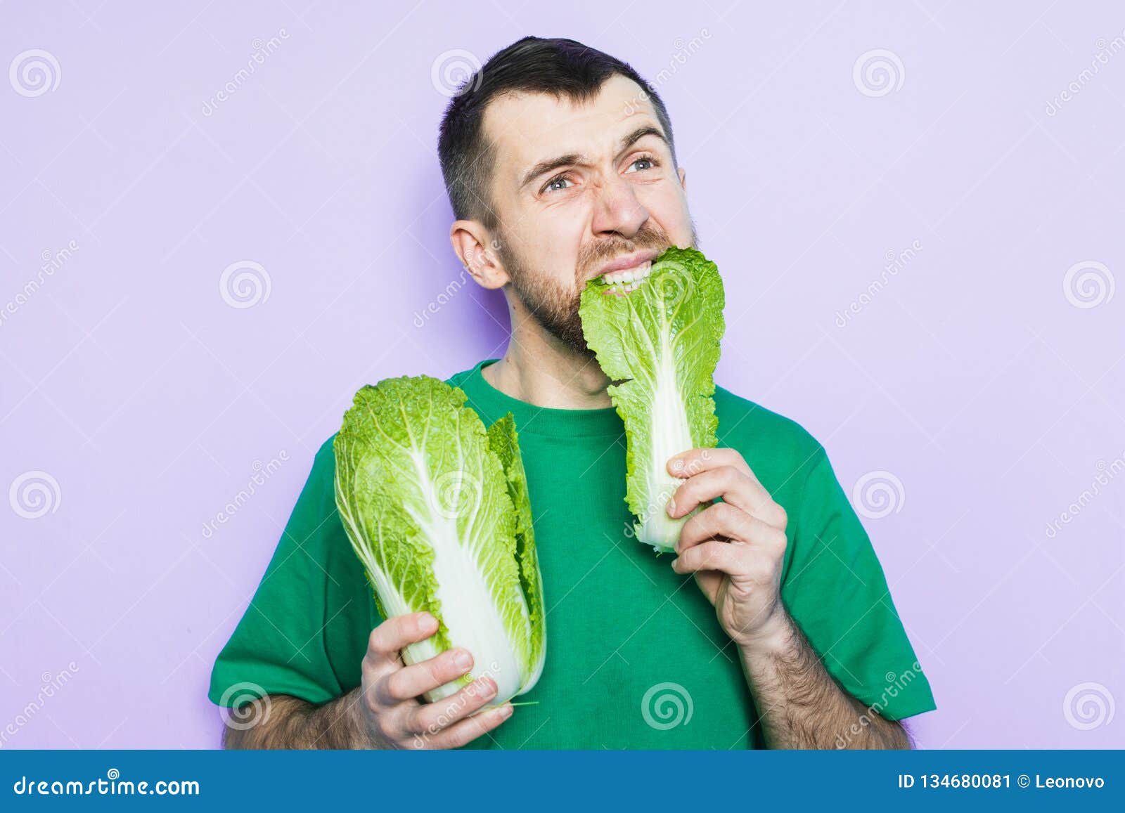 Young Man Biting on a Leaf of Beijing Napa Cabbage Stock Image - Image ...