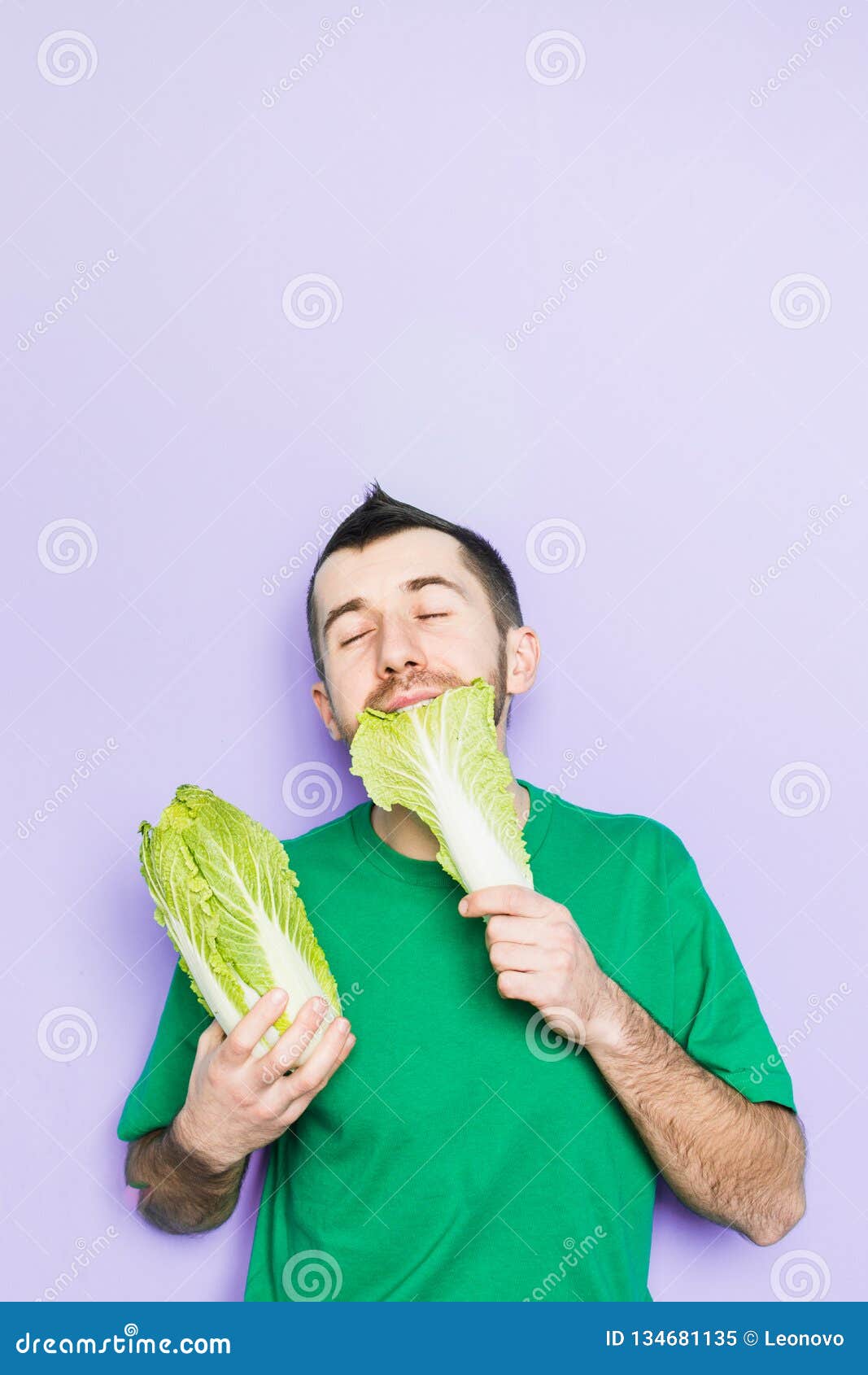 Young Man Biting on a Leaf of Beijing Napa Cabbage Stock Image - Image ...