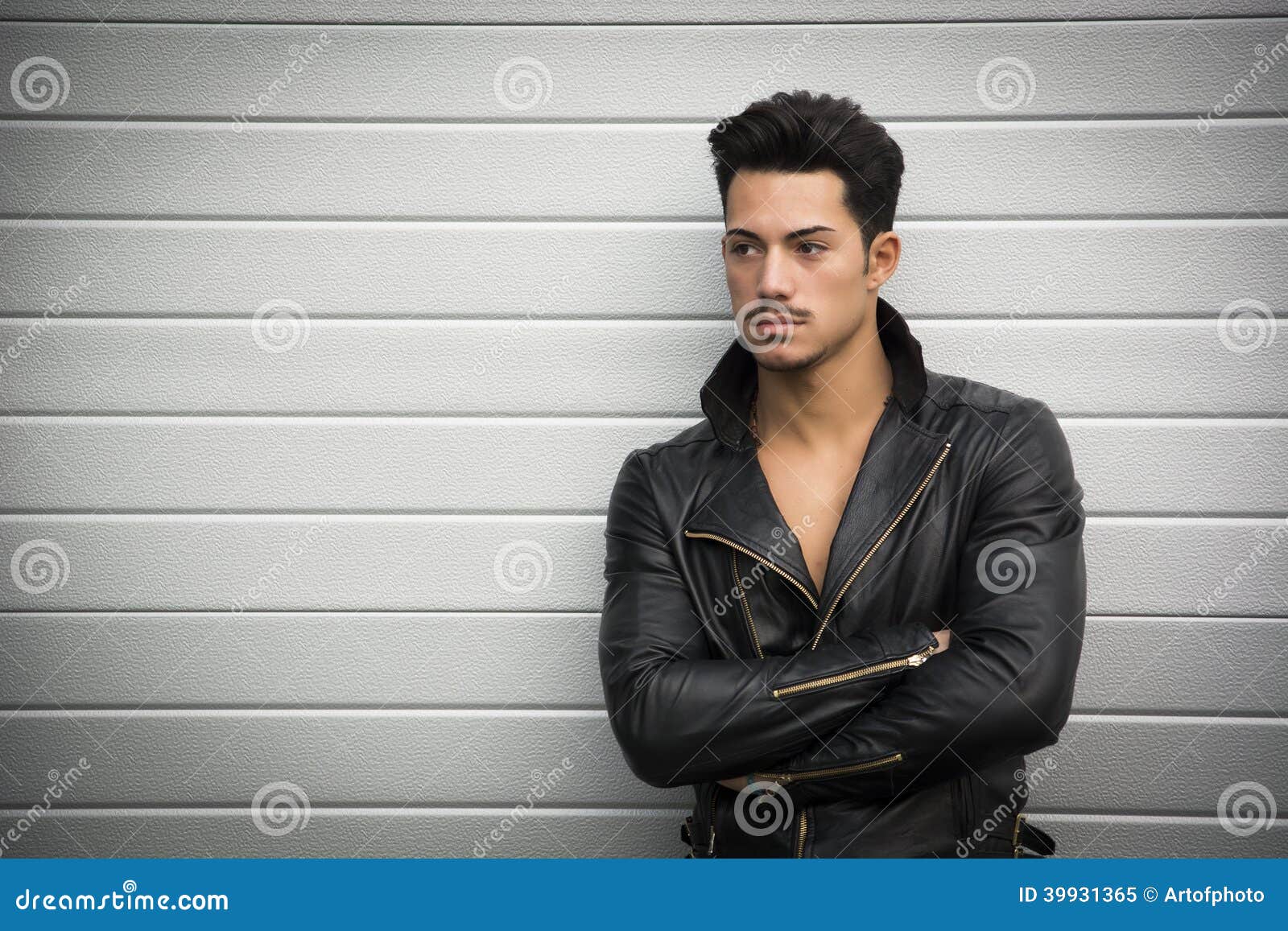 Young Man with Black Leather Jacket, Arms Crossed Stock Image - Image ...