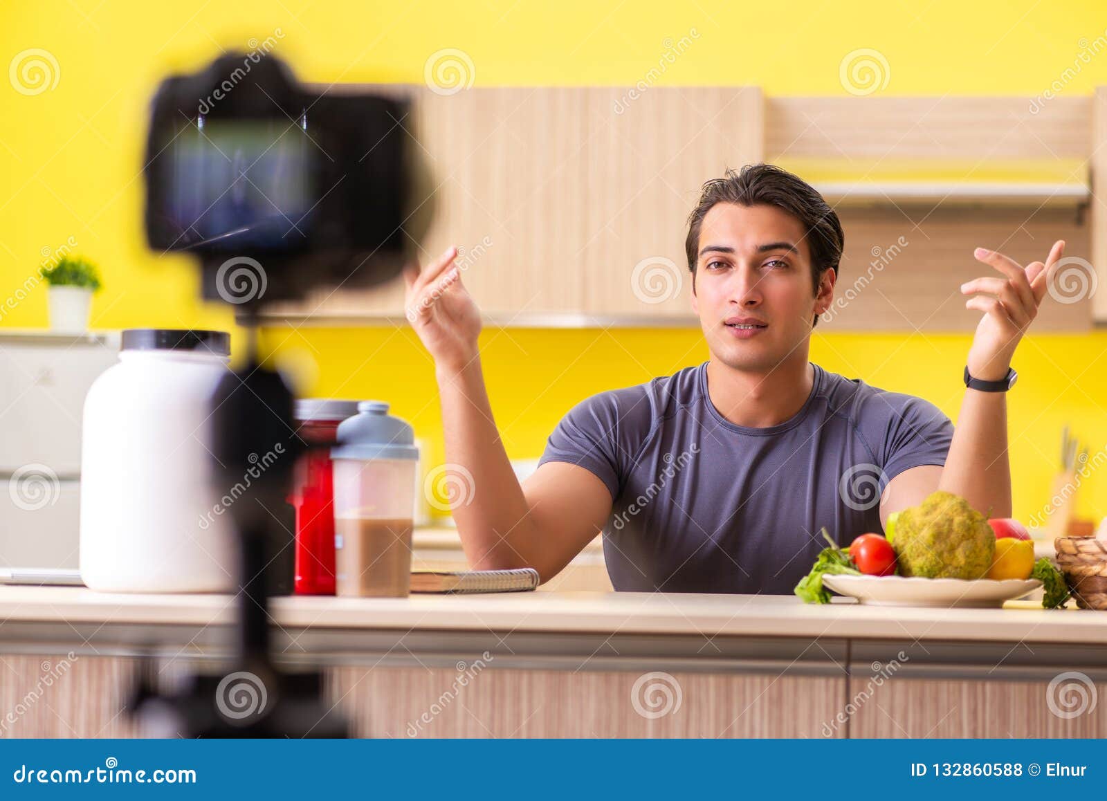 The Young Man Blogging about Food Supplements Stock Photo - Image of ...