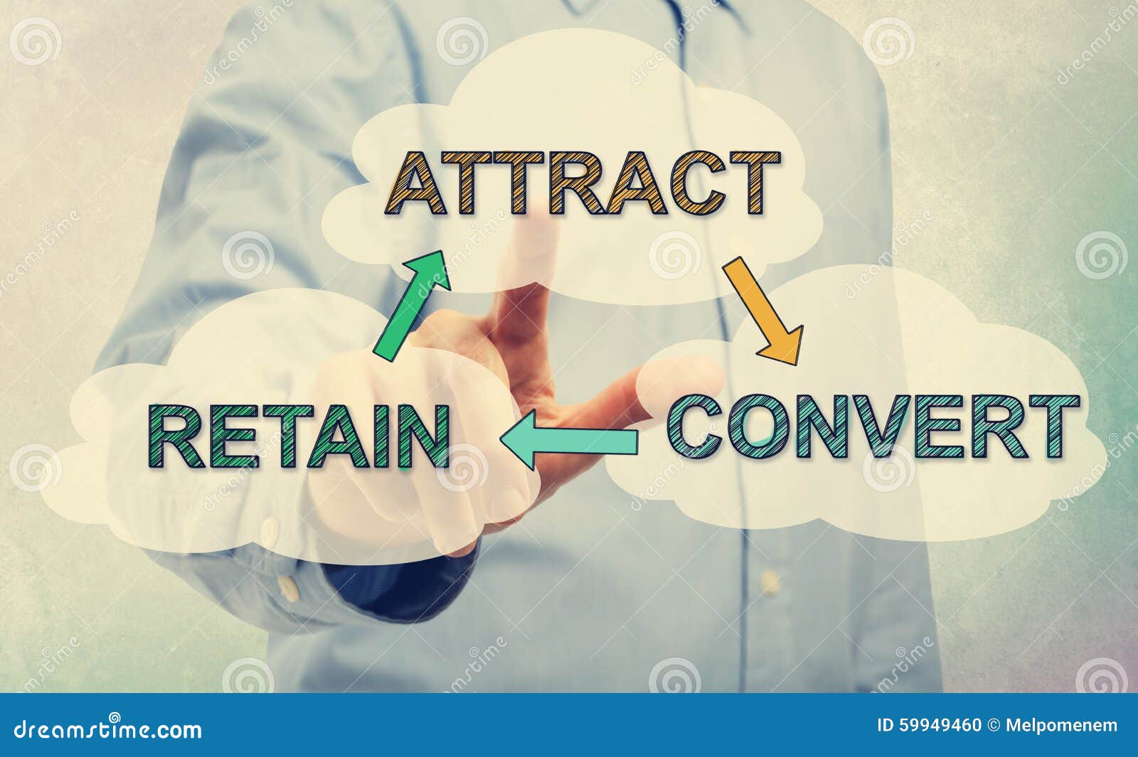 Young Man in Blue Shirt Pointing at Attract, Convert and Retain Stock ...