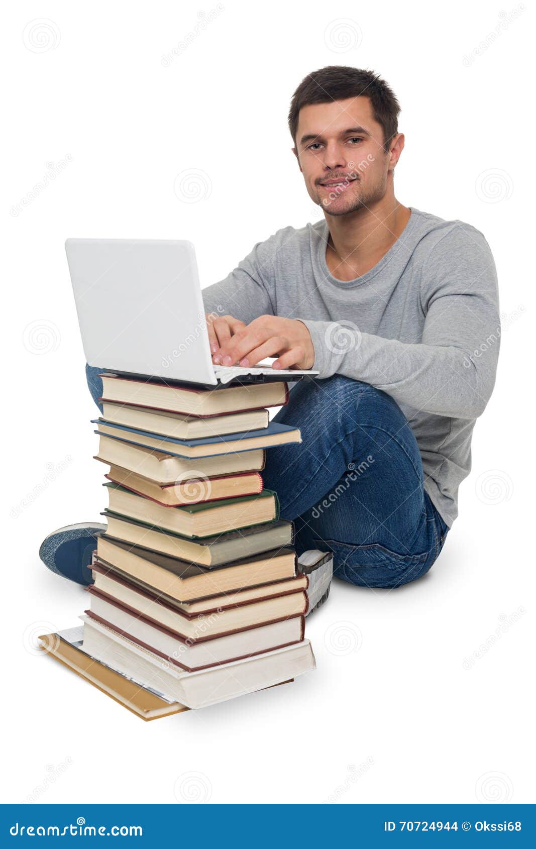 Young Man with Books and Computer Stock Photo - Image of adult ...