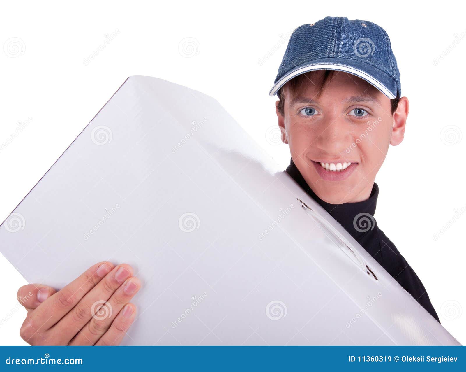 Young man with box stock image. Image of costume, messenger - 11360319
