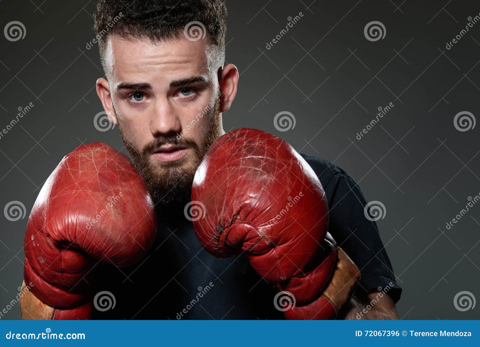Young Man With Boxing Gloves, On Grey Background, Horizontal For ...