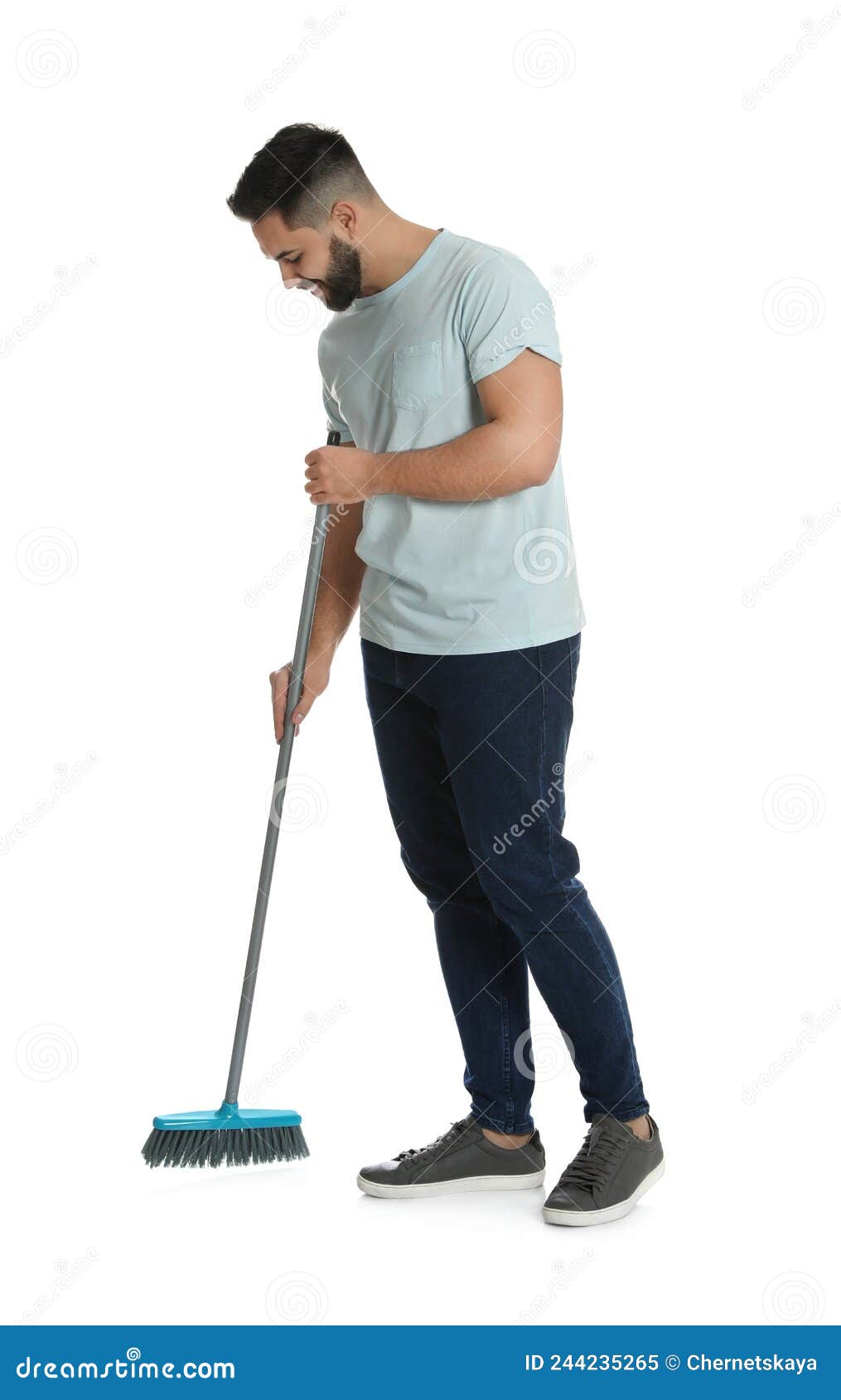 Young Man with Broom on White Background Stock Image - Image of brush ...