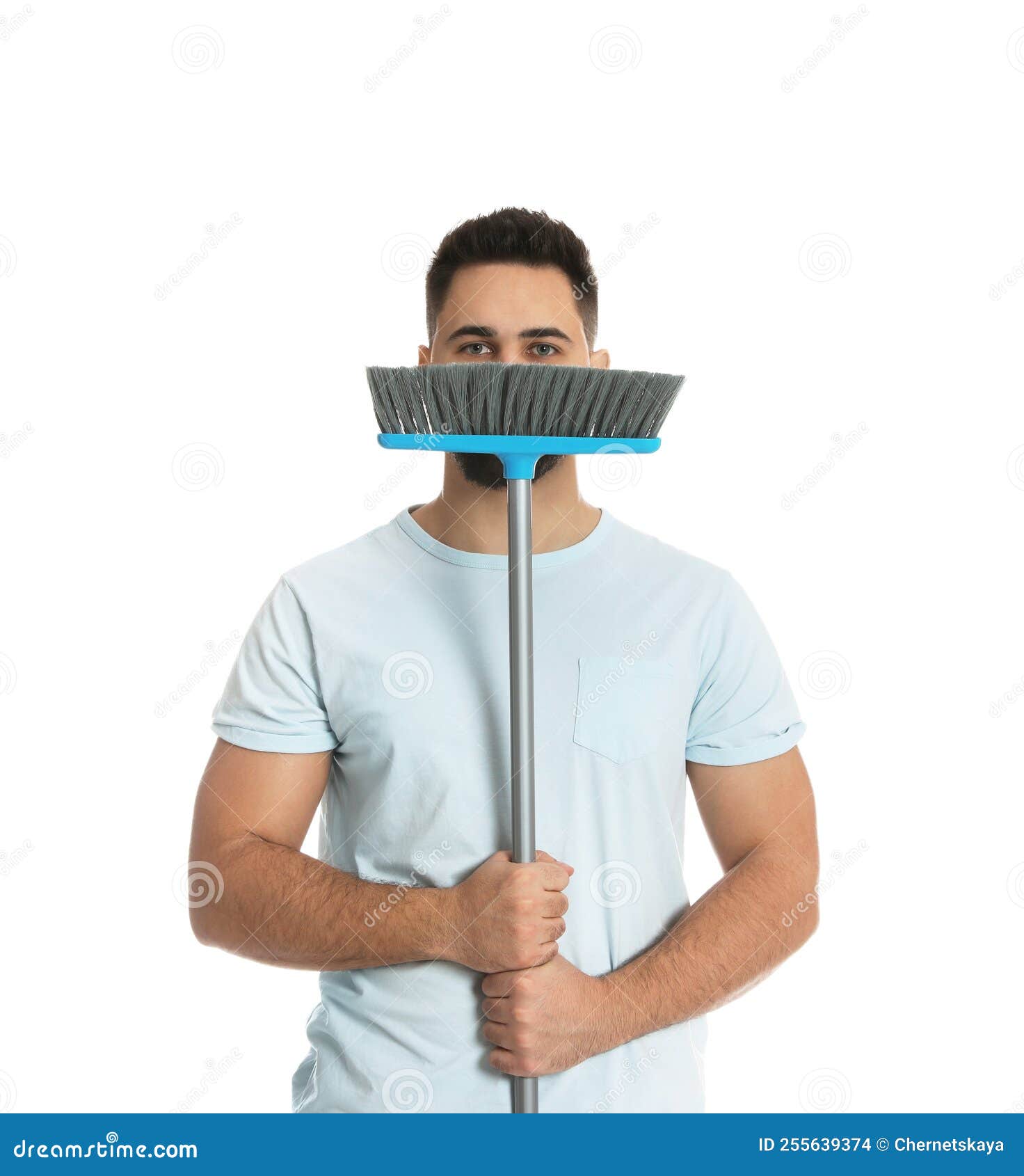 Young Man with Broom on White Background Stock Photo - Image of person ...