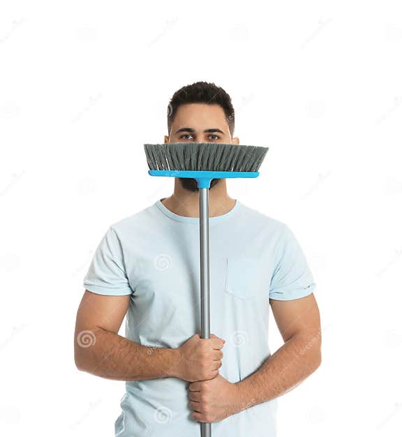 Young Man with Broom on White Background Stock Photo - Image of person ...
