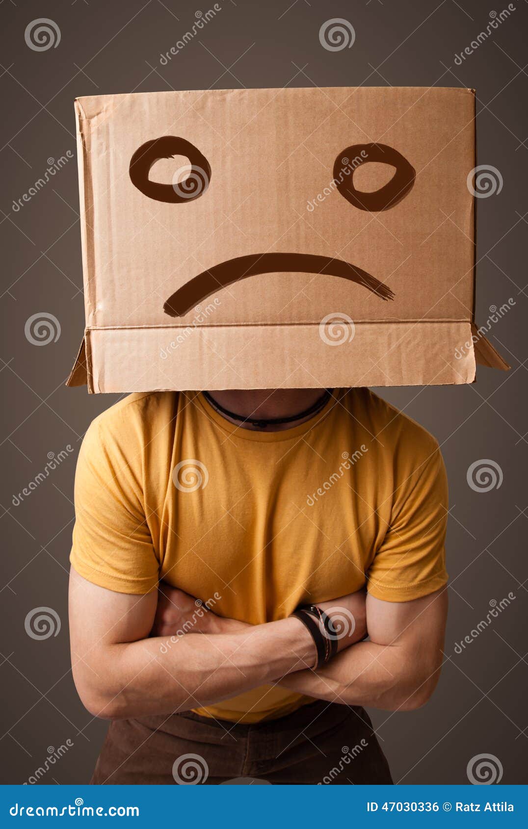 Young Man with a Brown Cardboard Box on His Head with Sad Face Stock ...