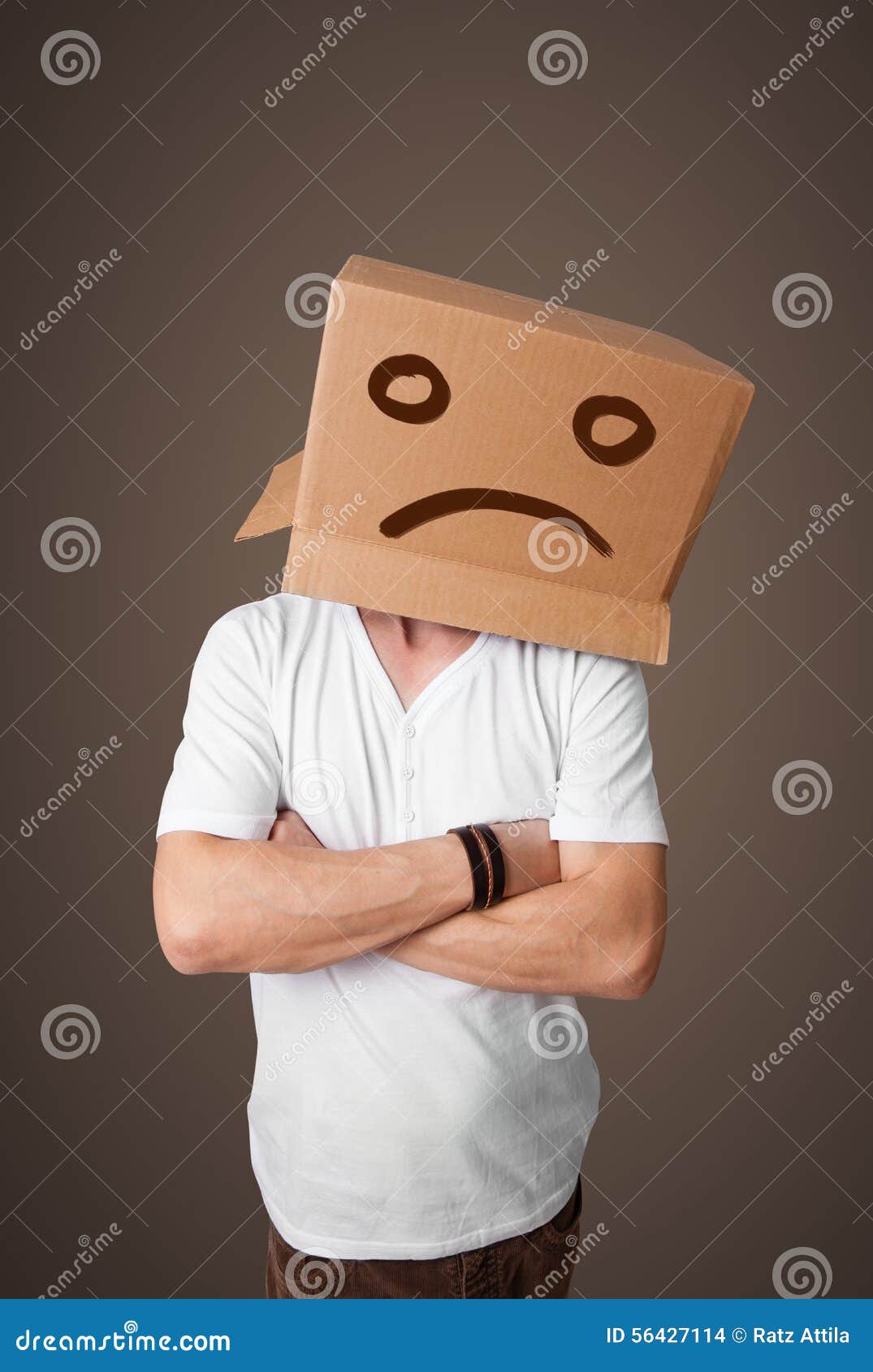 Young Man with a Brown Cardboard Box on His Head with Sad Face Stock ...