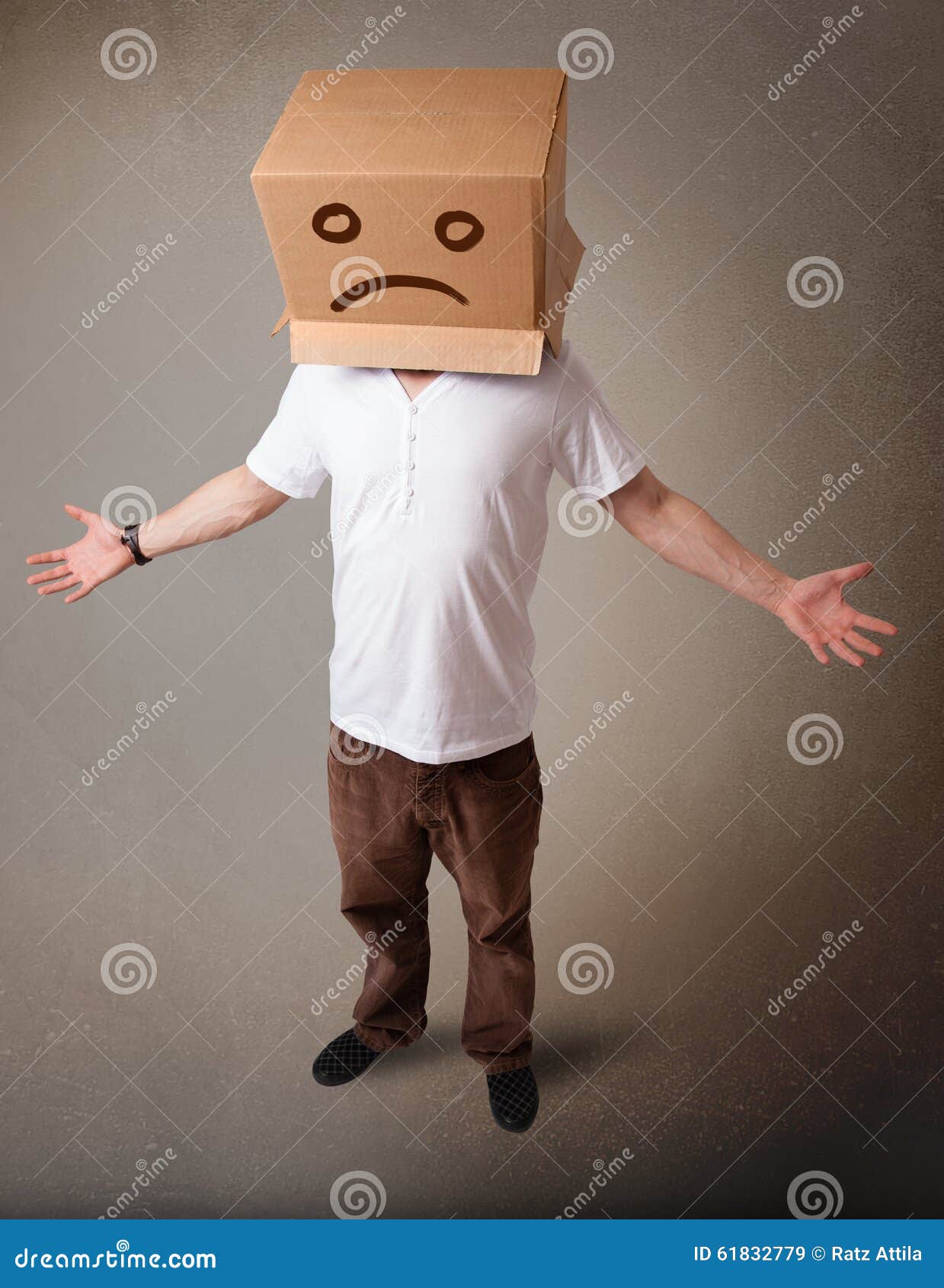 Young Man with a Brown Cardboard Box on His Head with Sad Face Stock ...