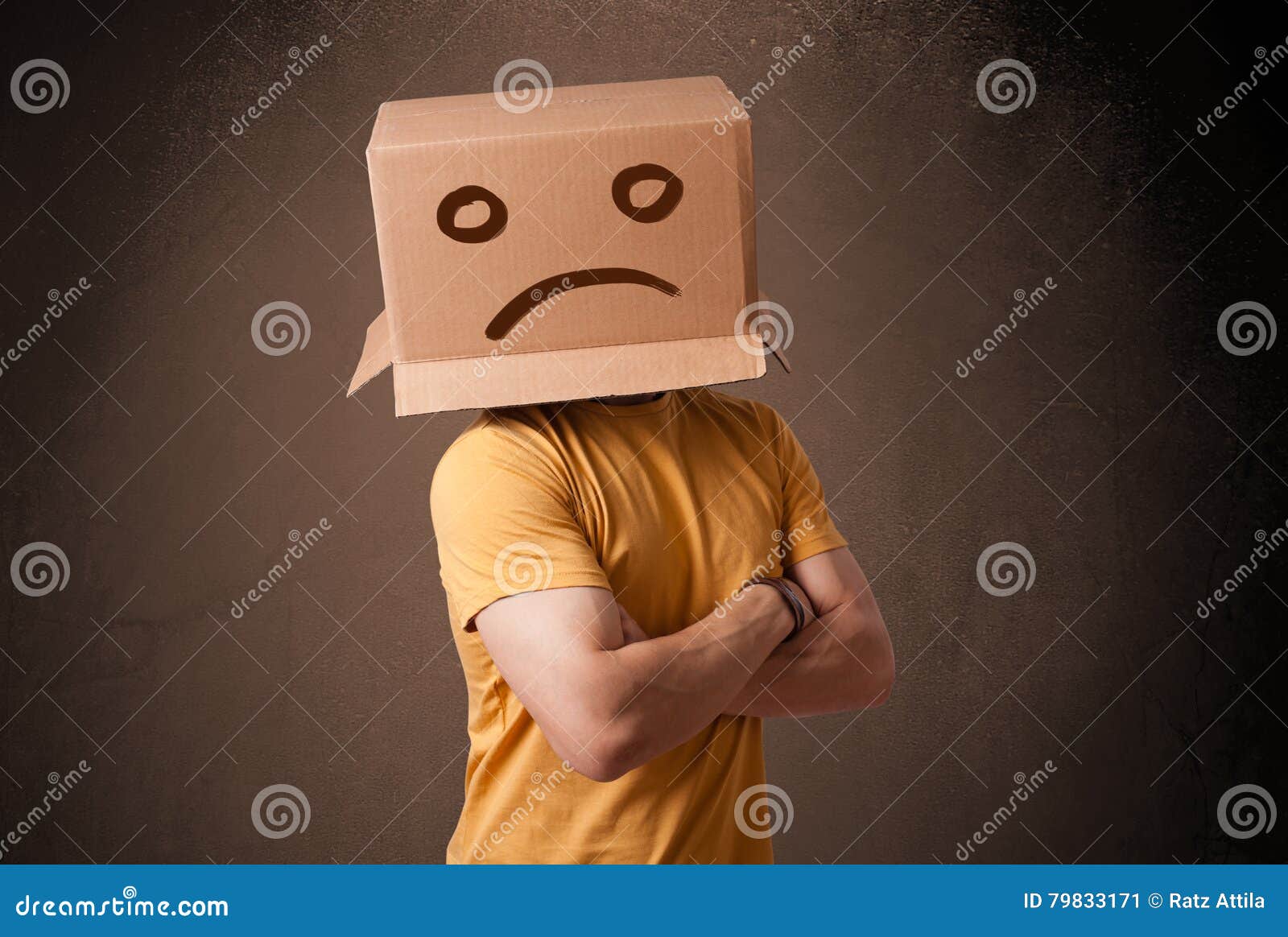 Young Man with a Brown Cardboard Box on His Head with Sad Face Stock ...
