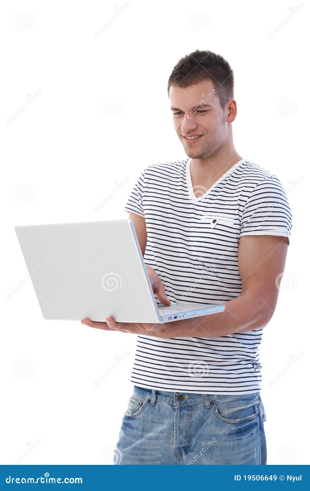 Young Man Browsing Internet Smiling Stock Image - Image of look ...