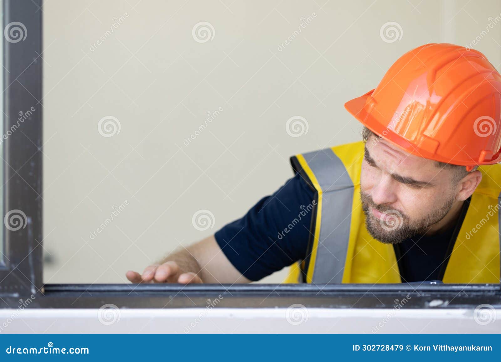Young Man Builder Construction Worker Look Precise Level of Windows ...