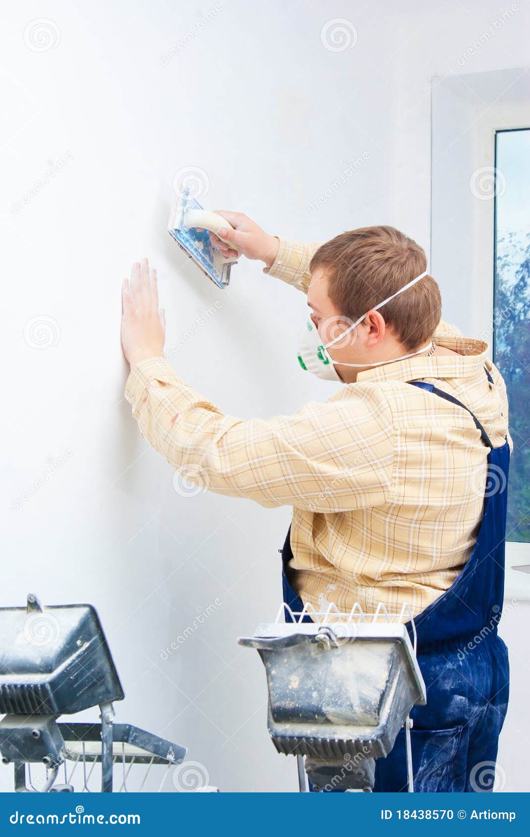 Young Man Builder Polishing the Wall Stock Photo - Image of polish ...