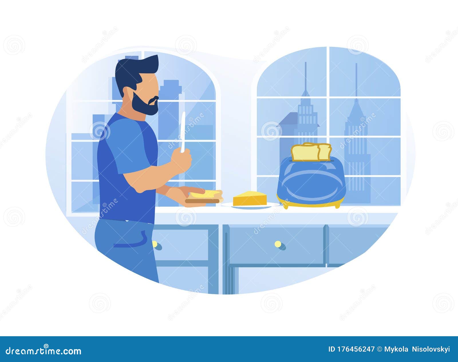 Young Man Buttering Toast in the Kitchen at Home Stock Vector ...