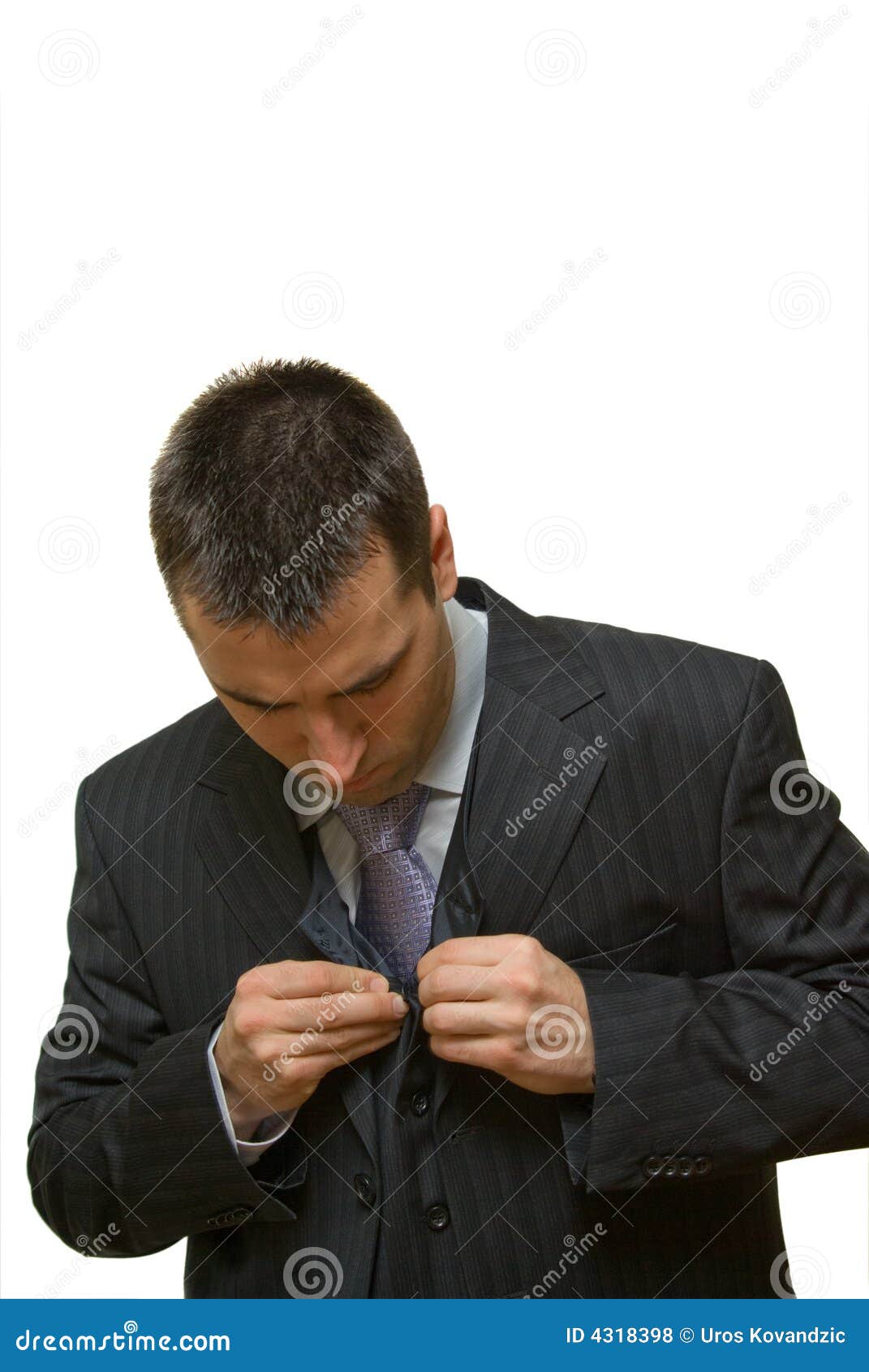 Young Man with Button Problems Stock Photo - Image of stripes, male ...