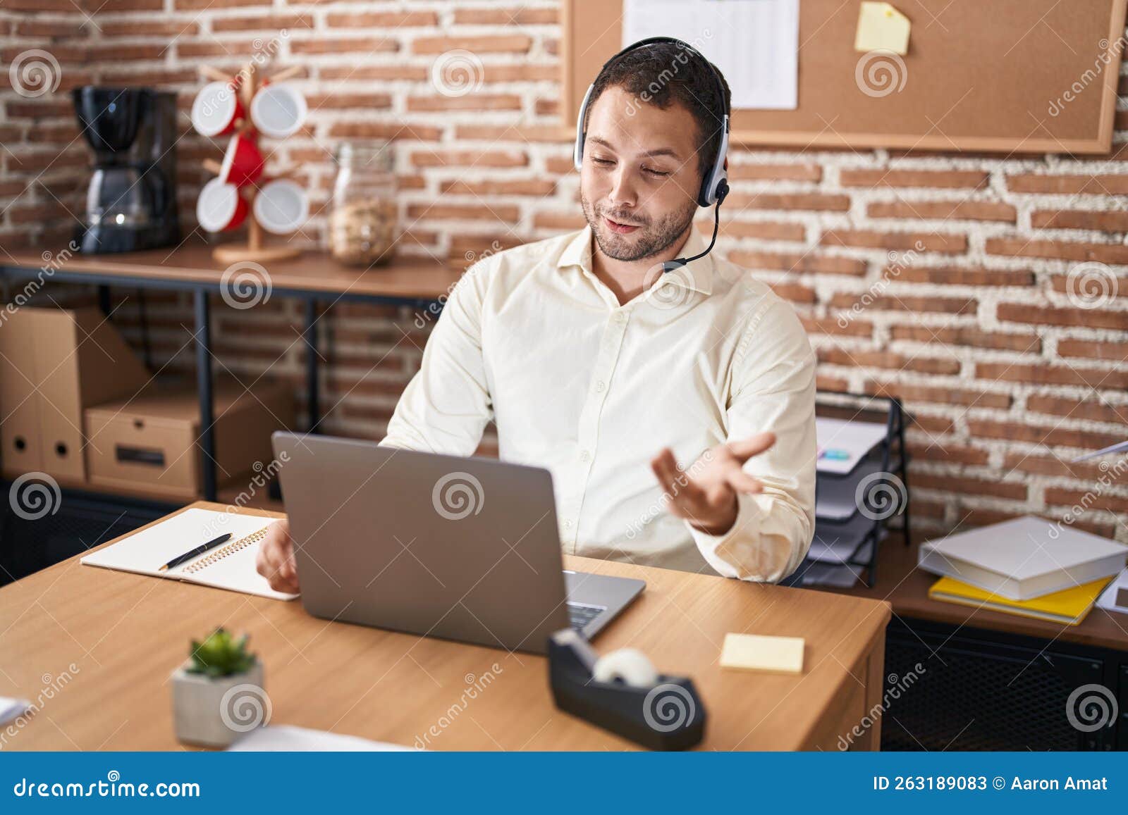 Young Man Call Center Agent Having Video Call at Office Stock Image ...