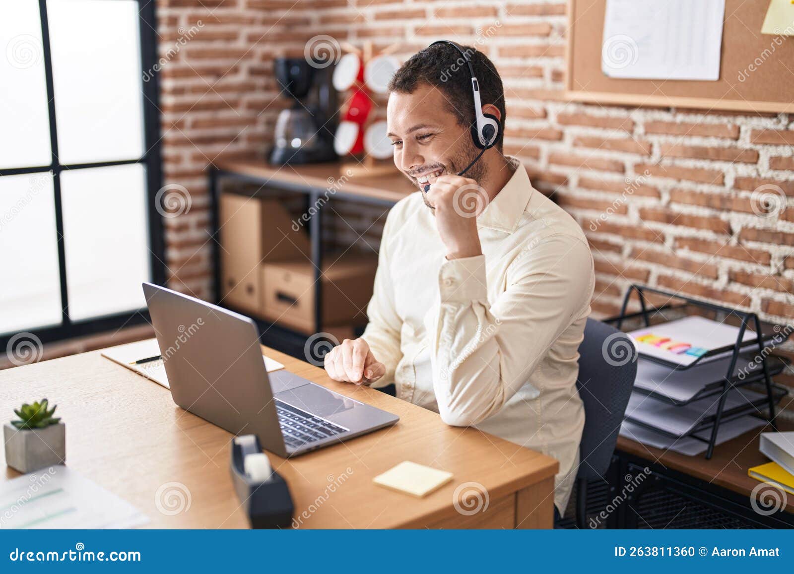 Young Man Call Center Agent Having Video Call at Office Stock Photo ...