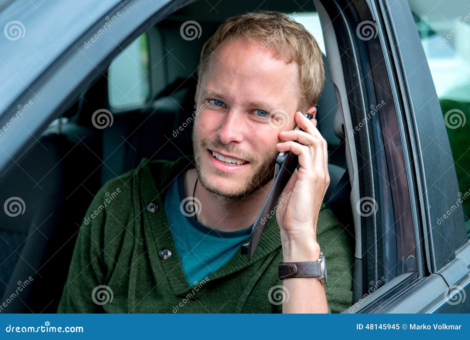 Young Man is Calling in the Car Stock Image - Image of communication ...