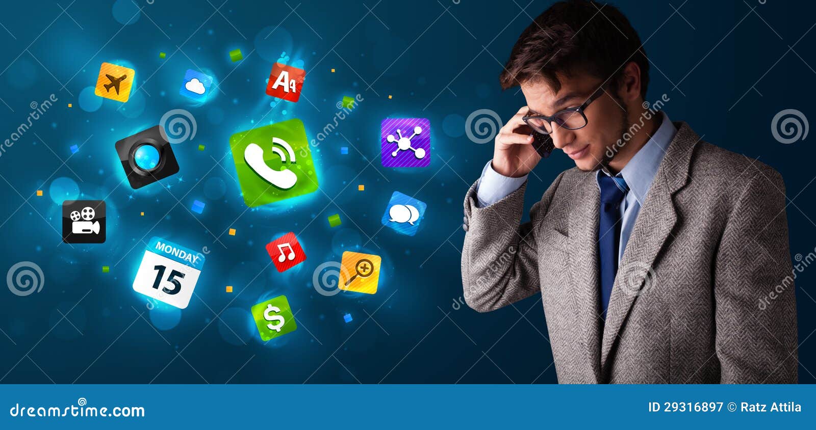 Young Man Calling by Phone with Various Icons Stock Image - Image of ...