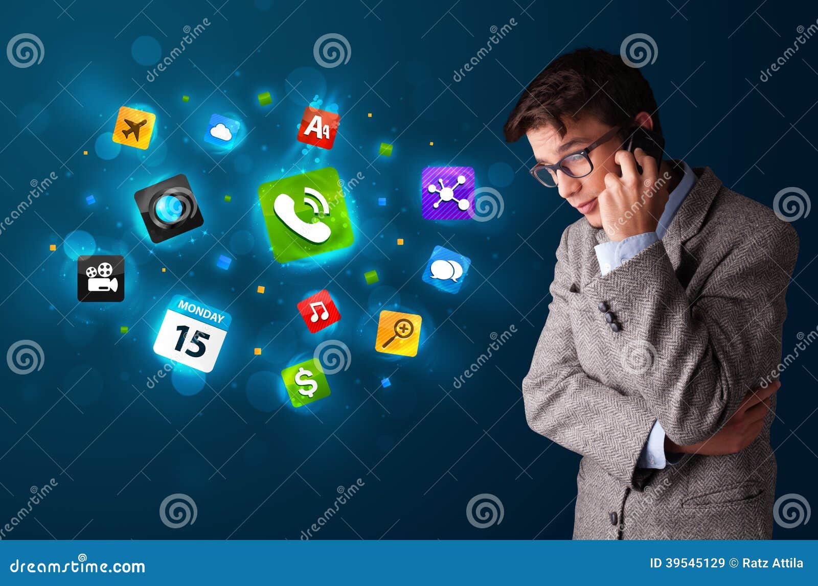 Young Man Calling by Phone with Various Icons Stock Image - Image of ...