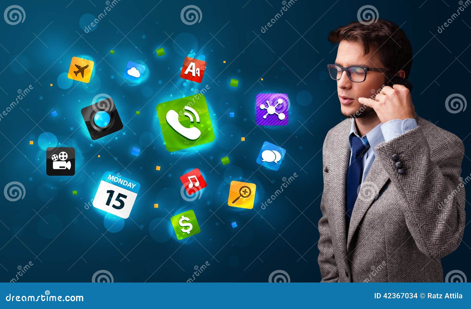 Young Man Calling by Phone with Various Icons Stock Illustration ...