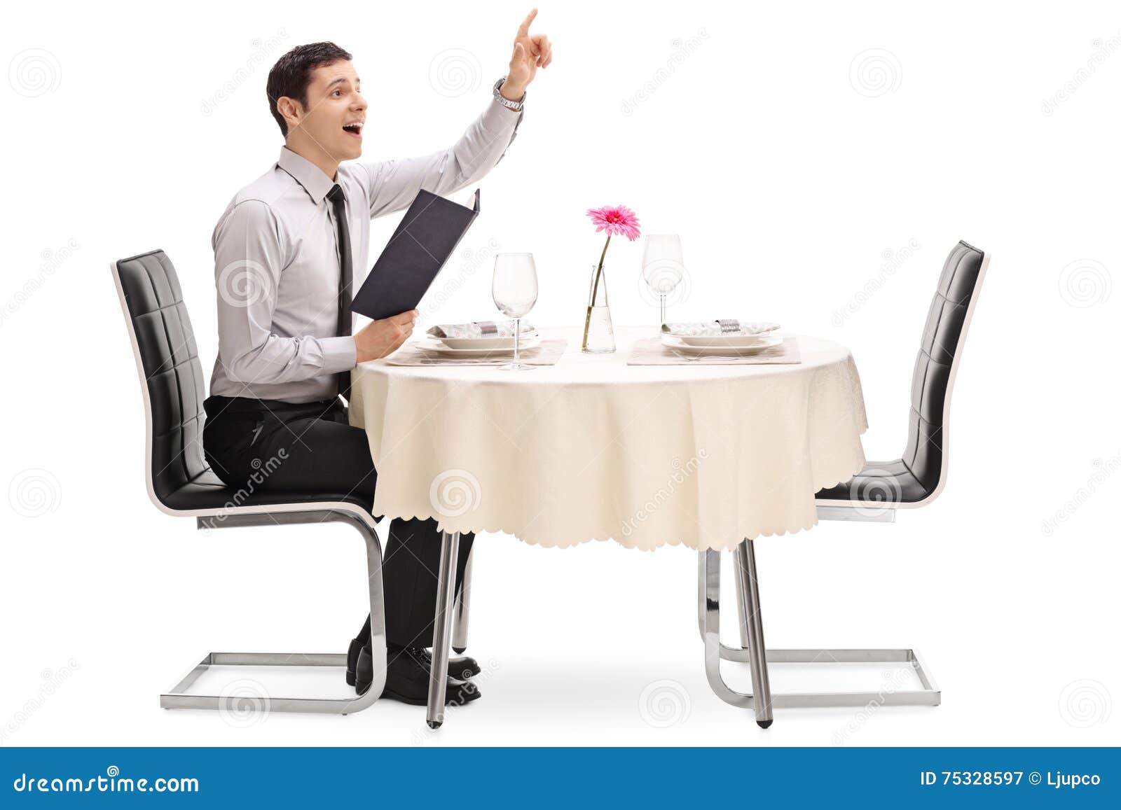 Young Man Calling the Waiter Stock Image - Image of male, table: 75328597