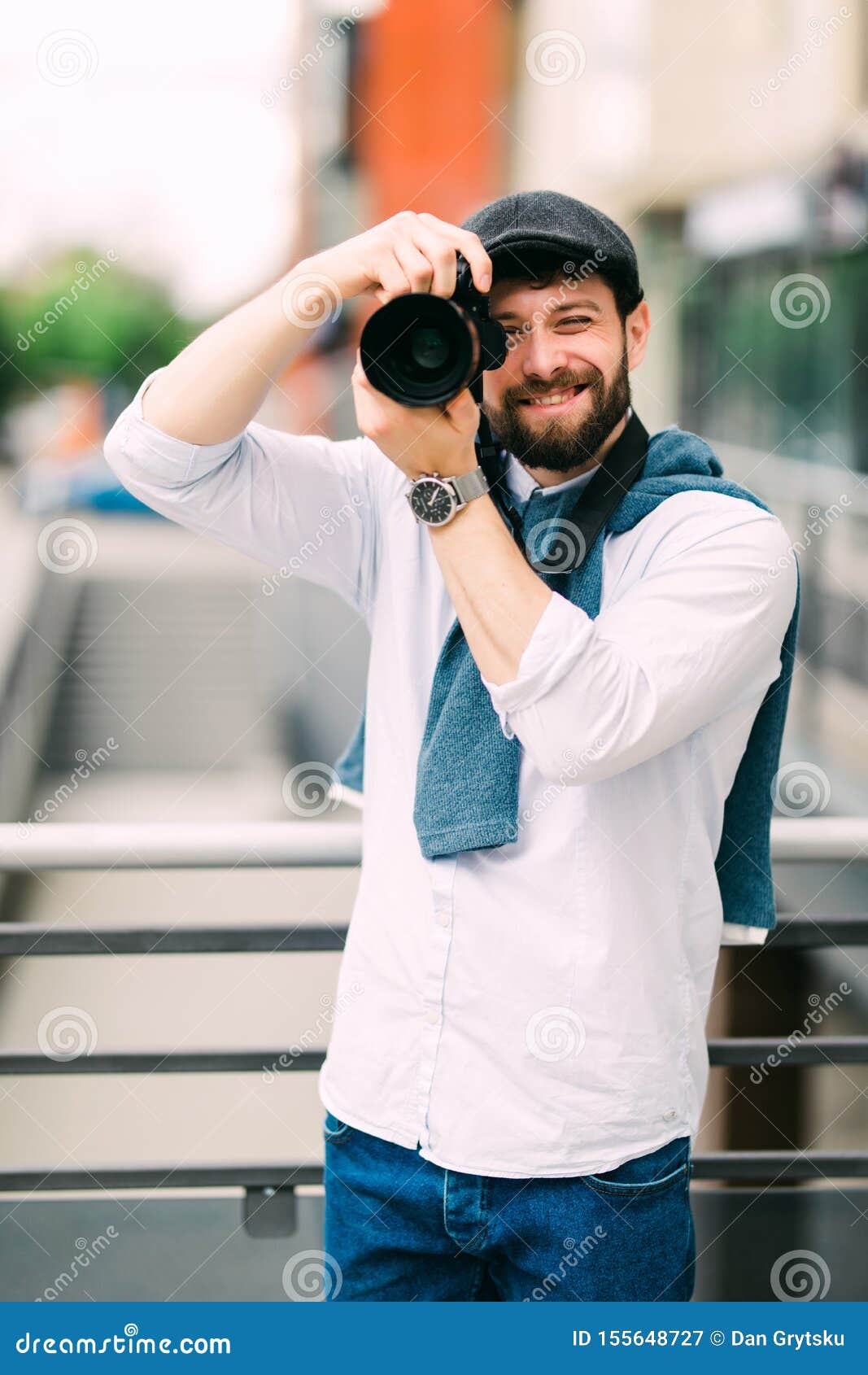 Young Man with Camera Photographing at the Street Stock Image - Image ...