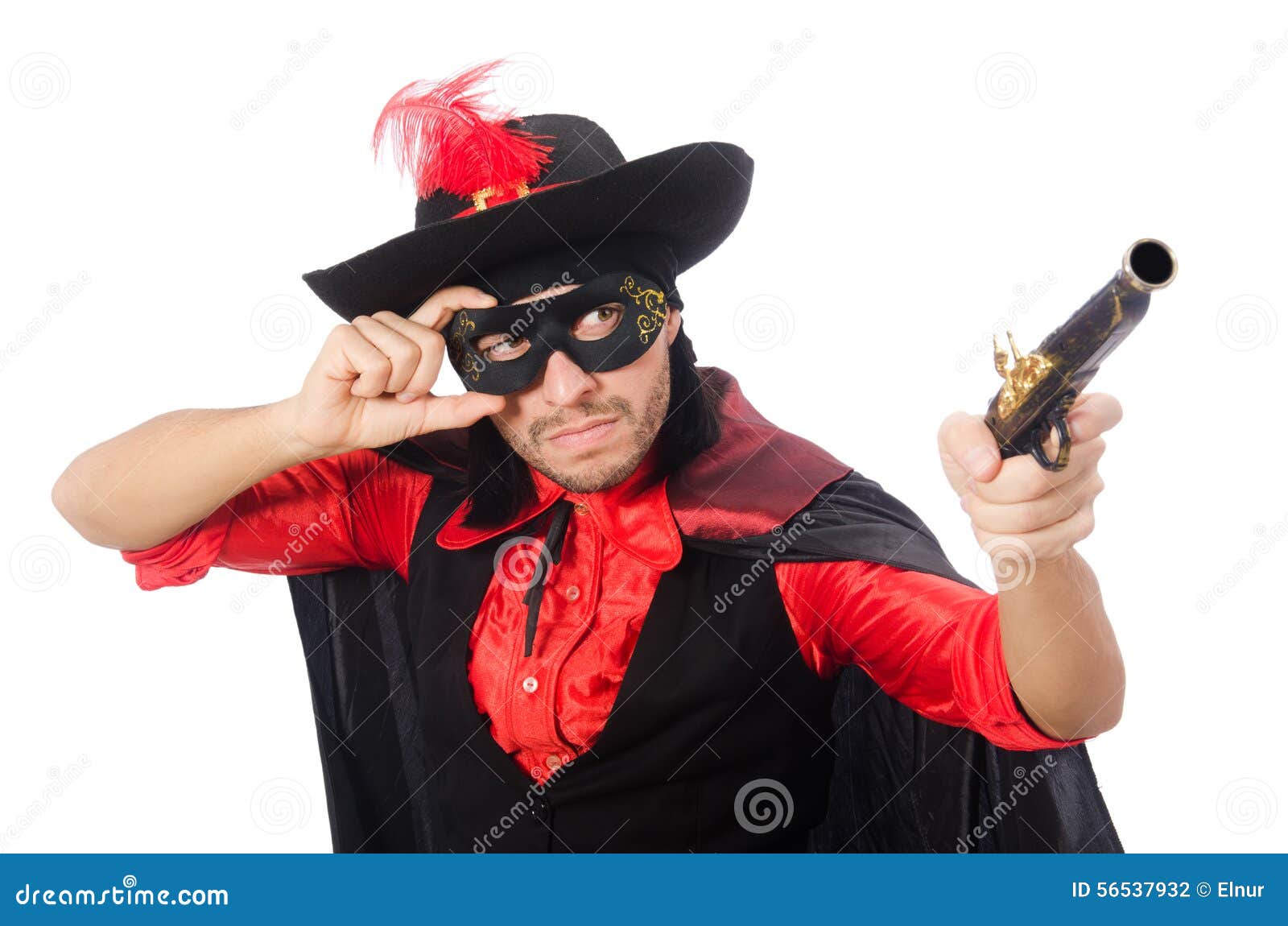 Young Man in Carnival Coat with Gun Isolated on Stock Photo - Image of ...