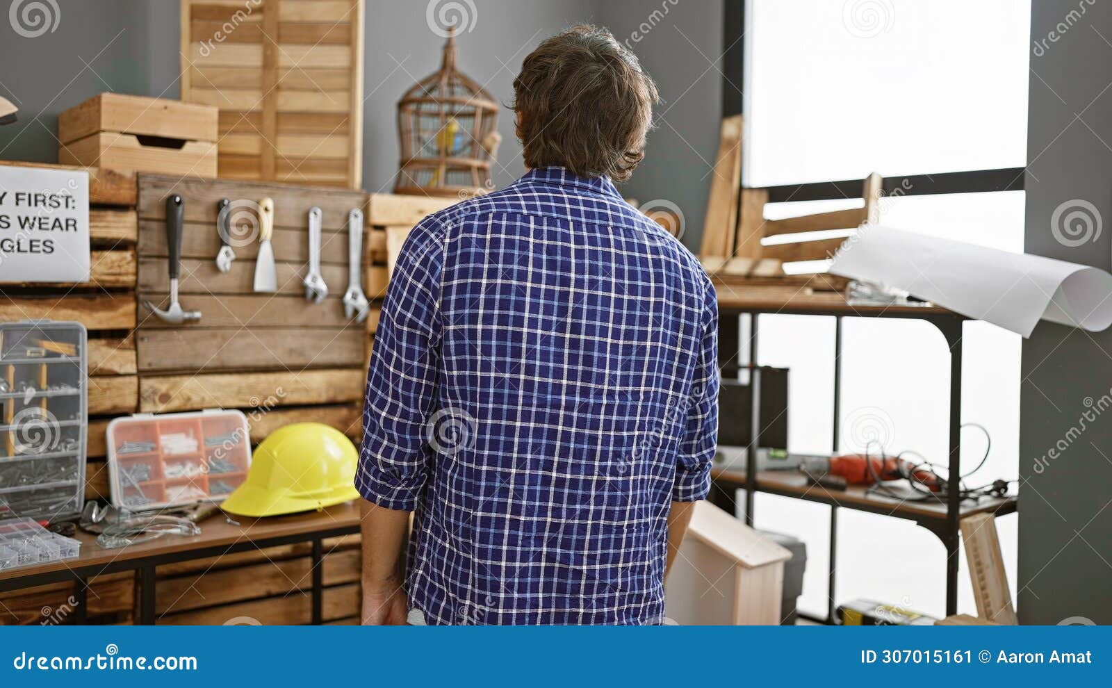 Young Man Carpenter Standing Backwards at Carpentry Stock Image - Image ...