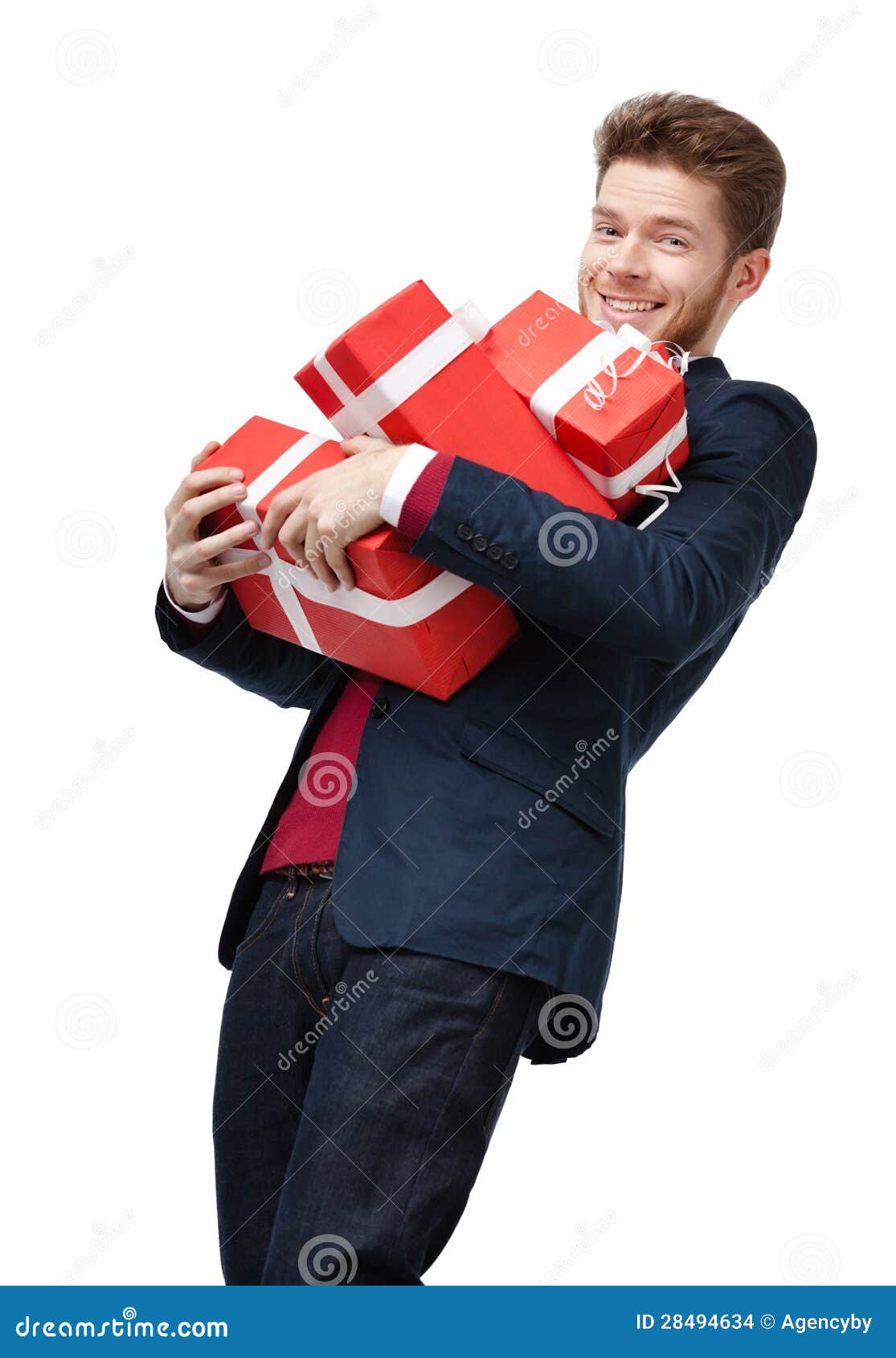 Young Man Carries a Lot of Heavy Presents Stock Photo - Image of ...