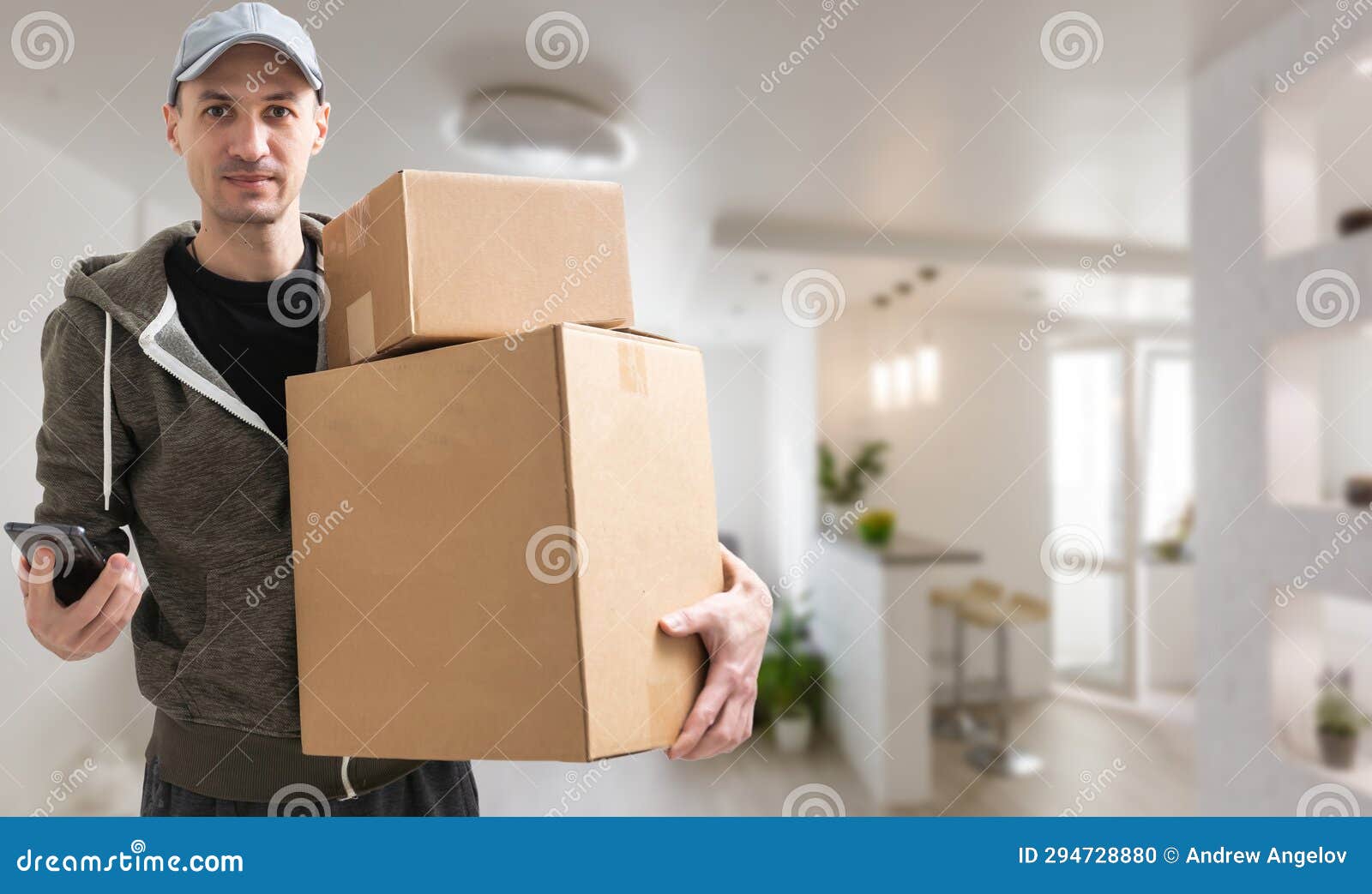 Young Man Carrying Three Carton Boxes Stock Photo - Image of carrying ...