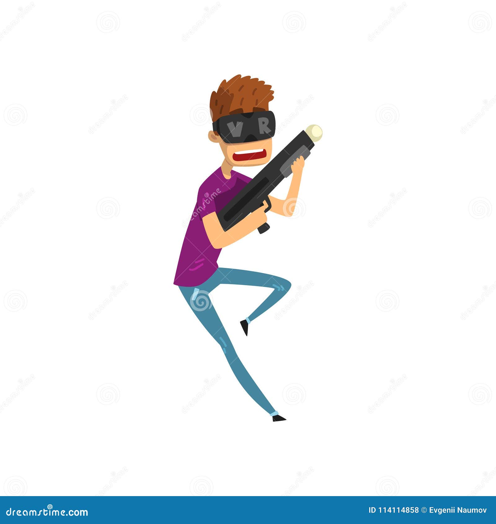 Young Man Cartoon Character Playing Video Game in Virtual Reality with ...