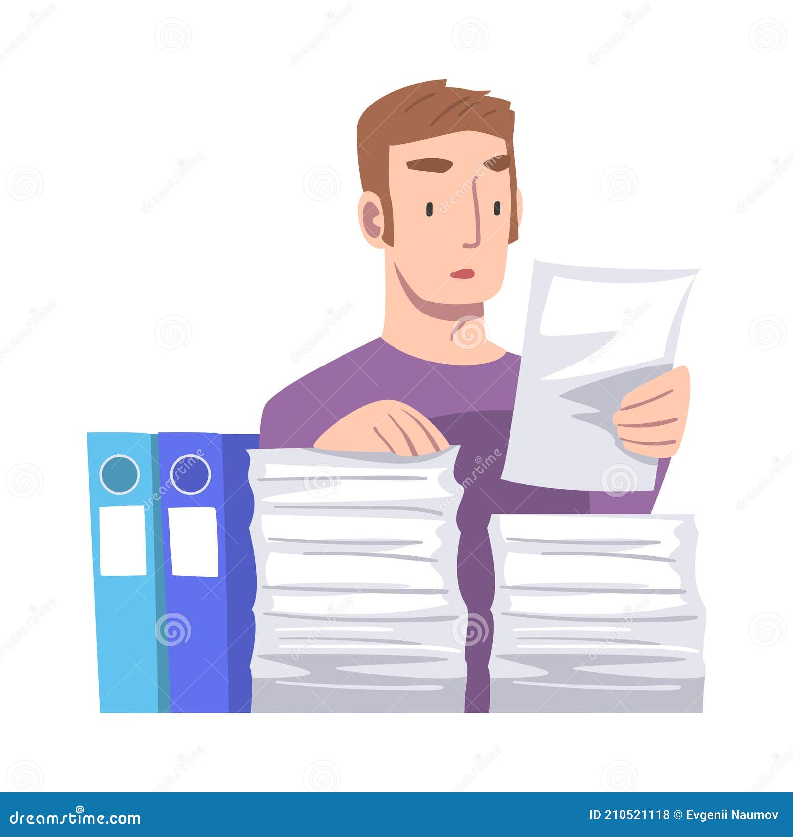 Young Man Character Working with Pile of Papers Vector Illustration ...
