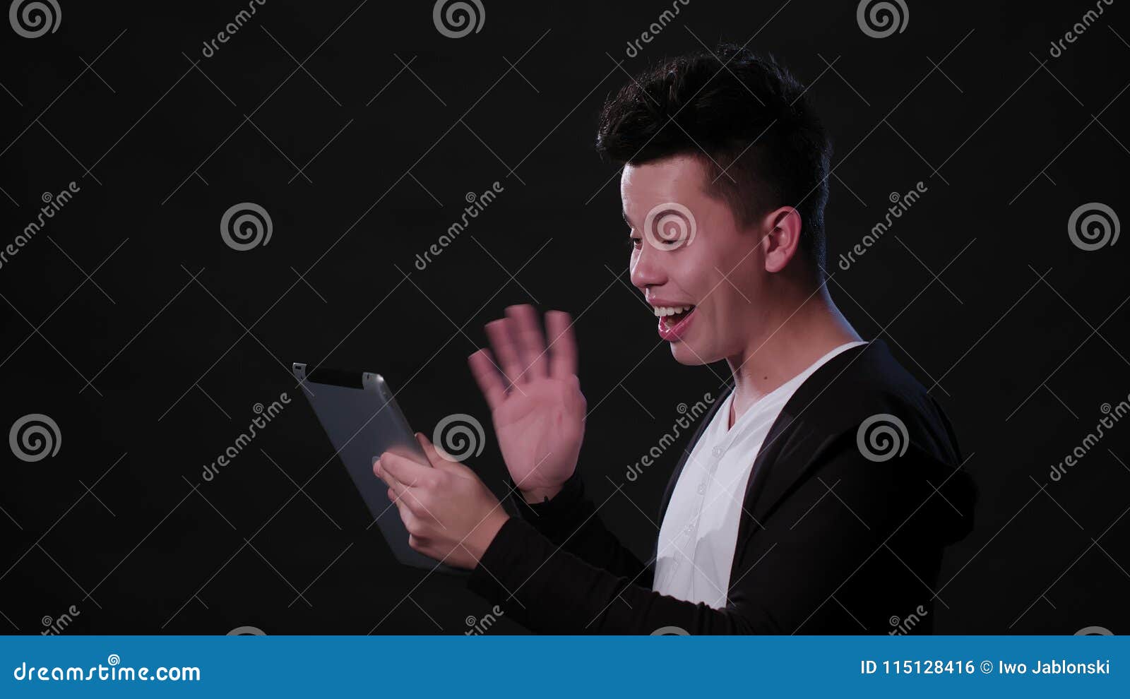 Man Chatting Online Against a Black Background Stock Photo - Image of ...