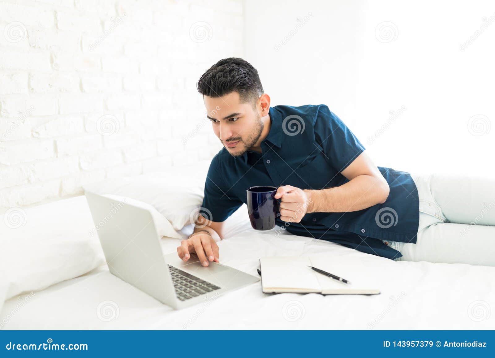 Young Man Checking Emails in Morning Stock Image - Image of holding ...