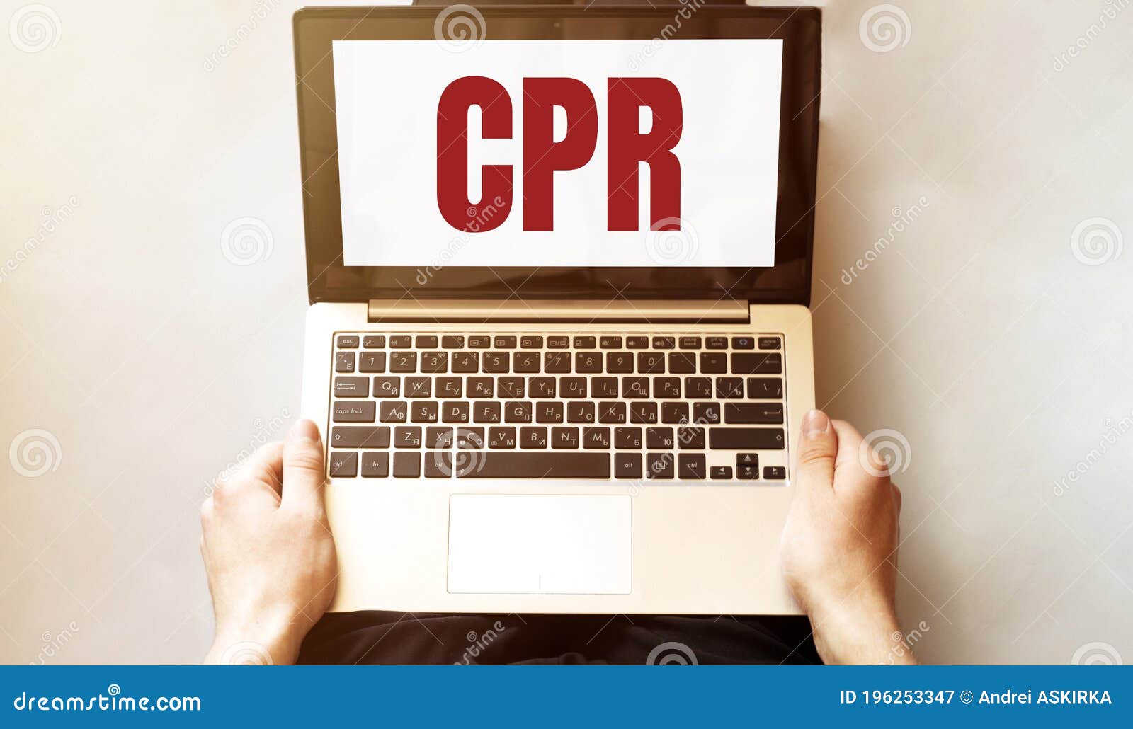 Young Man Checking His Laptop, Top View. Text CPR Stock Image - Image ...