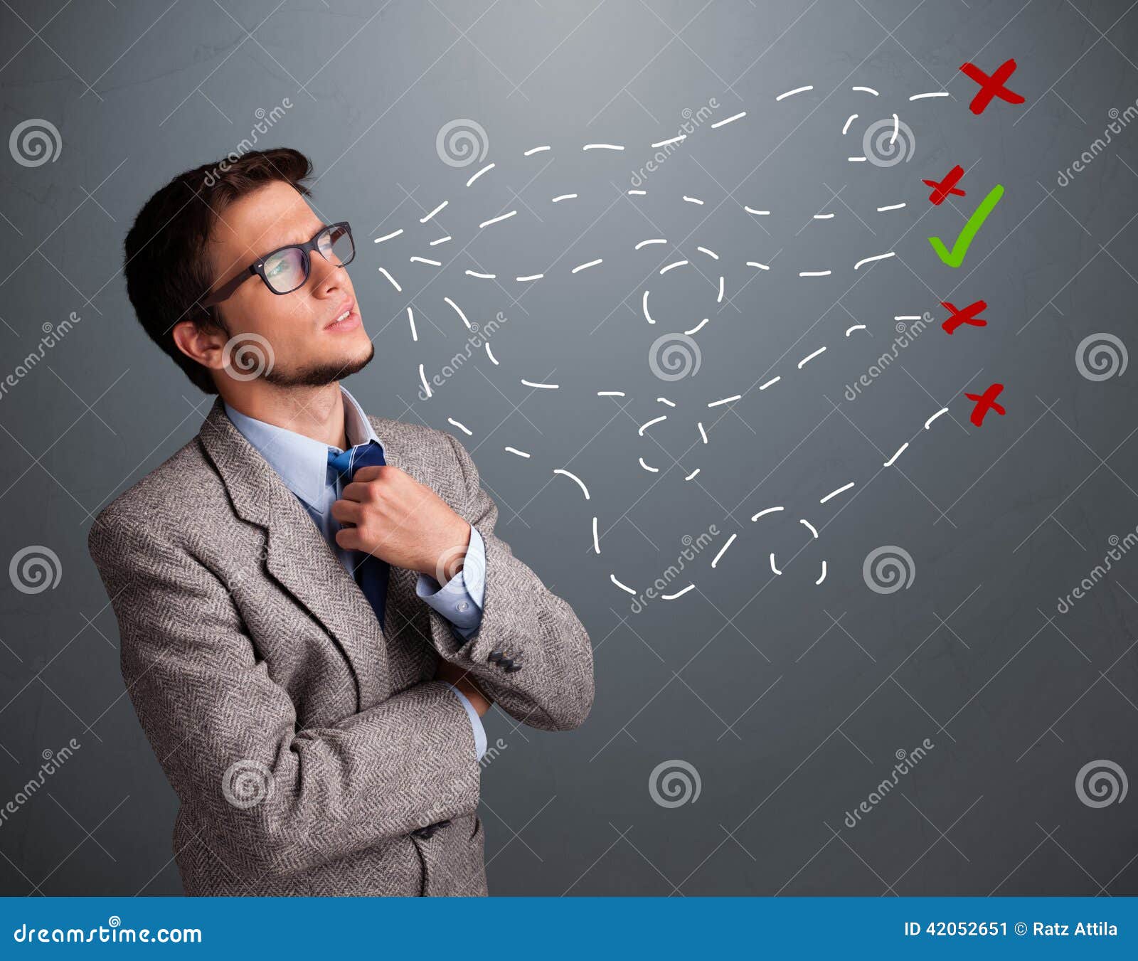 Young Man Choosing between Right and Wrong Sings Stock Illustration ...