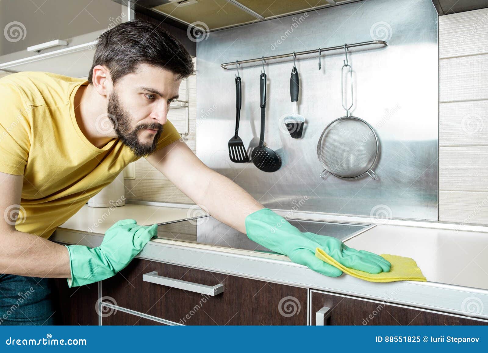 Young Man Cleaning Modern Kitchen Stock Image - Image of interior ...