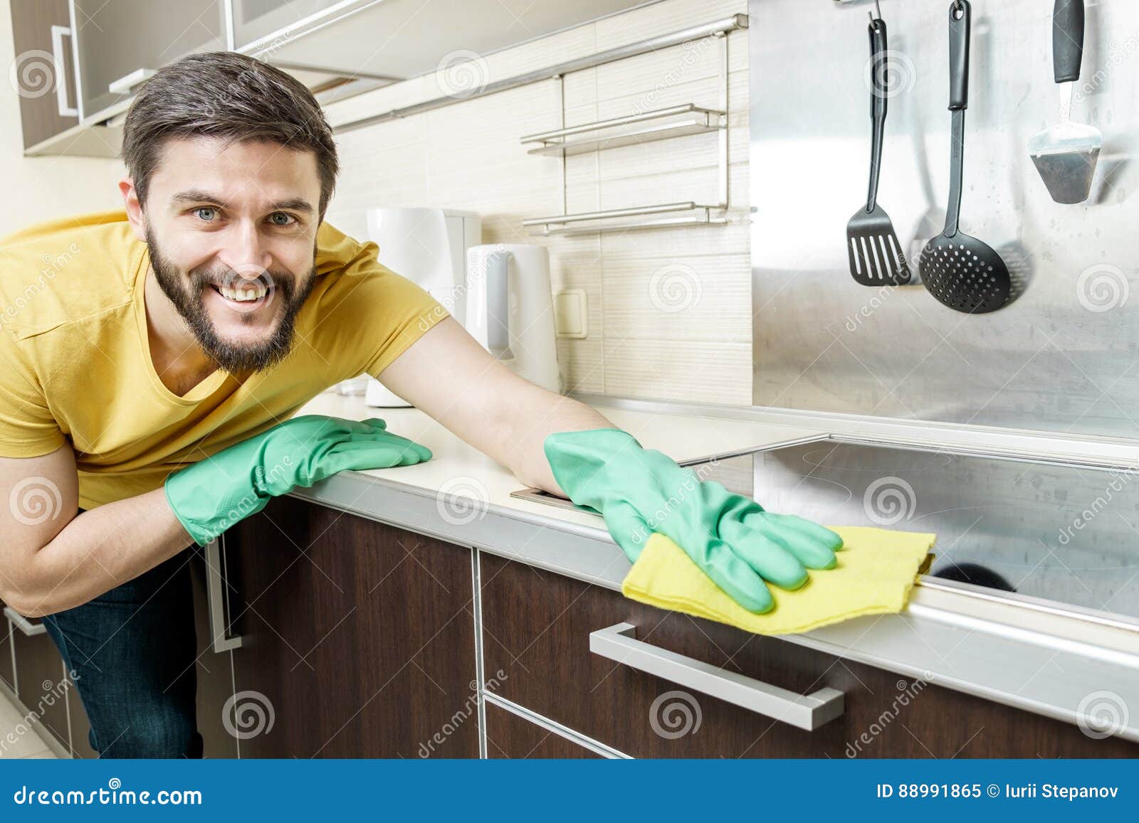 Young Man Cleaning Modern Kitchen Stock Image - Image of handsome ...