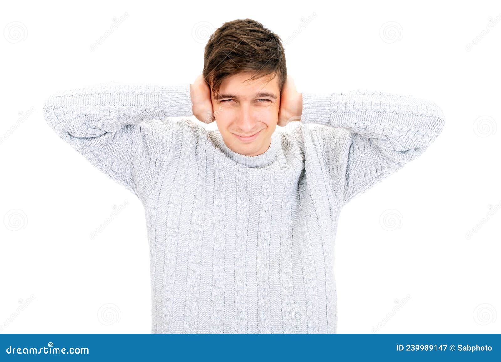 Young Man close his Ears stock image. Image of plug - 239989147