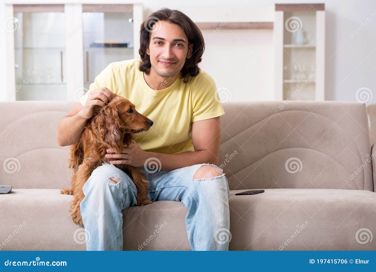 Young Man with Cocker Spaniel Dog Stock Photo - Image of friend ...