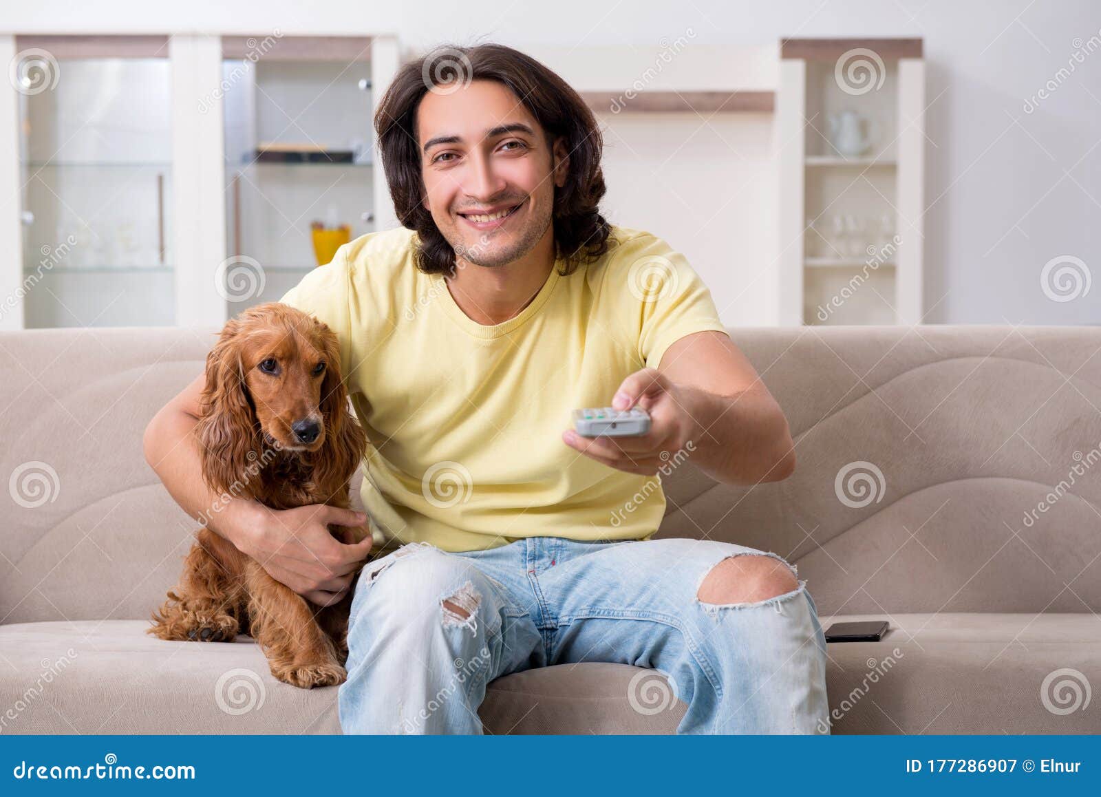 Young Man with Cocker Spaniel Dog Stock Image - Image of family ...