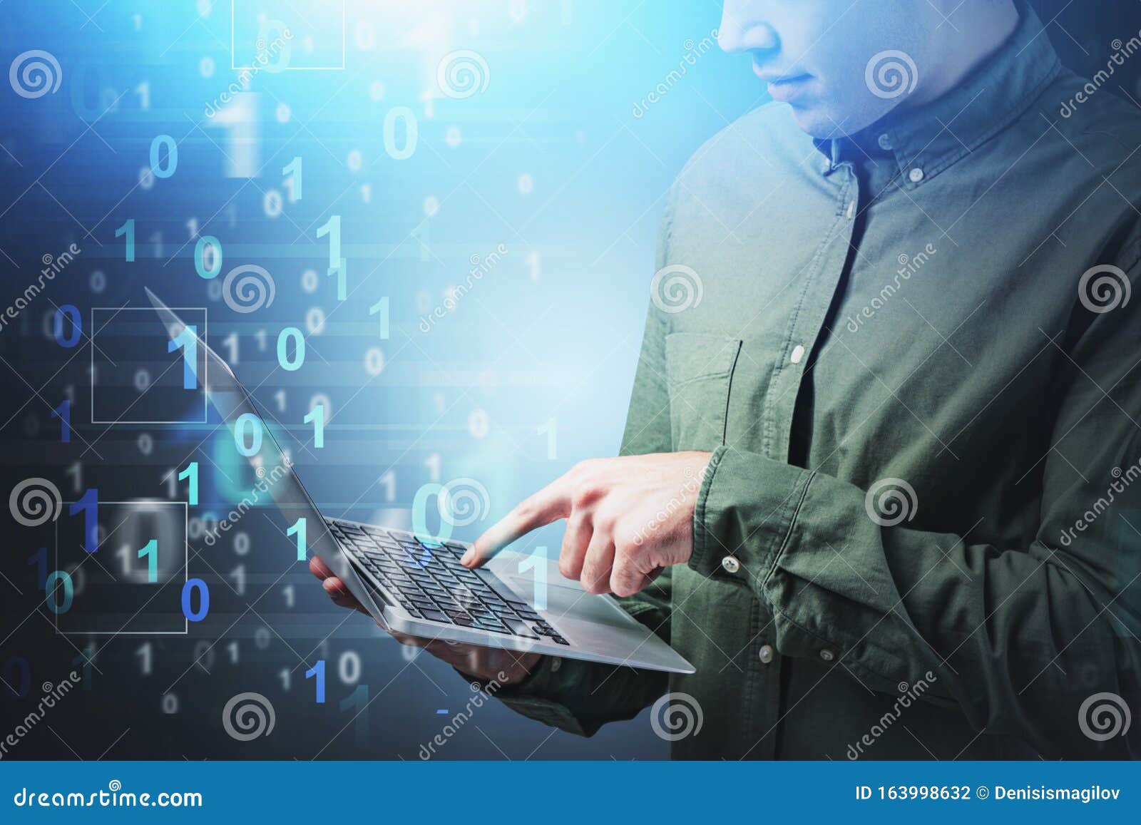 Young Man Coder with Laptop, Binary Numbers Stock Photo - Image of ...