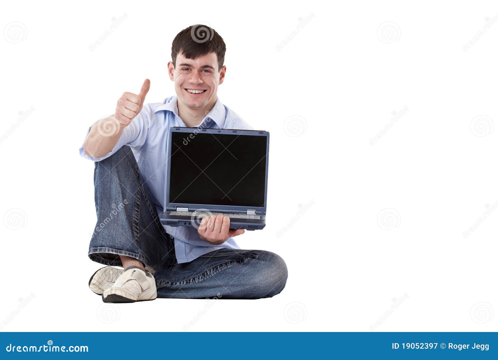 Young Man with Computer Display Shows Thumb Up Stock Image - Image of ...