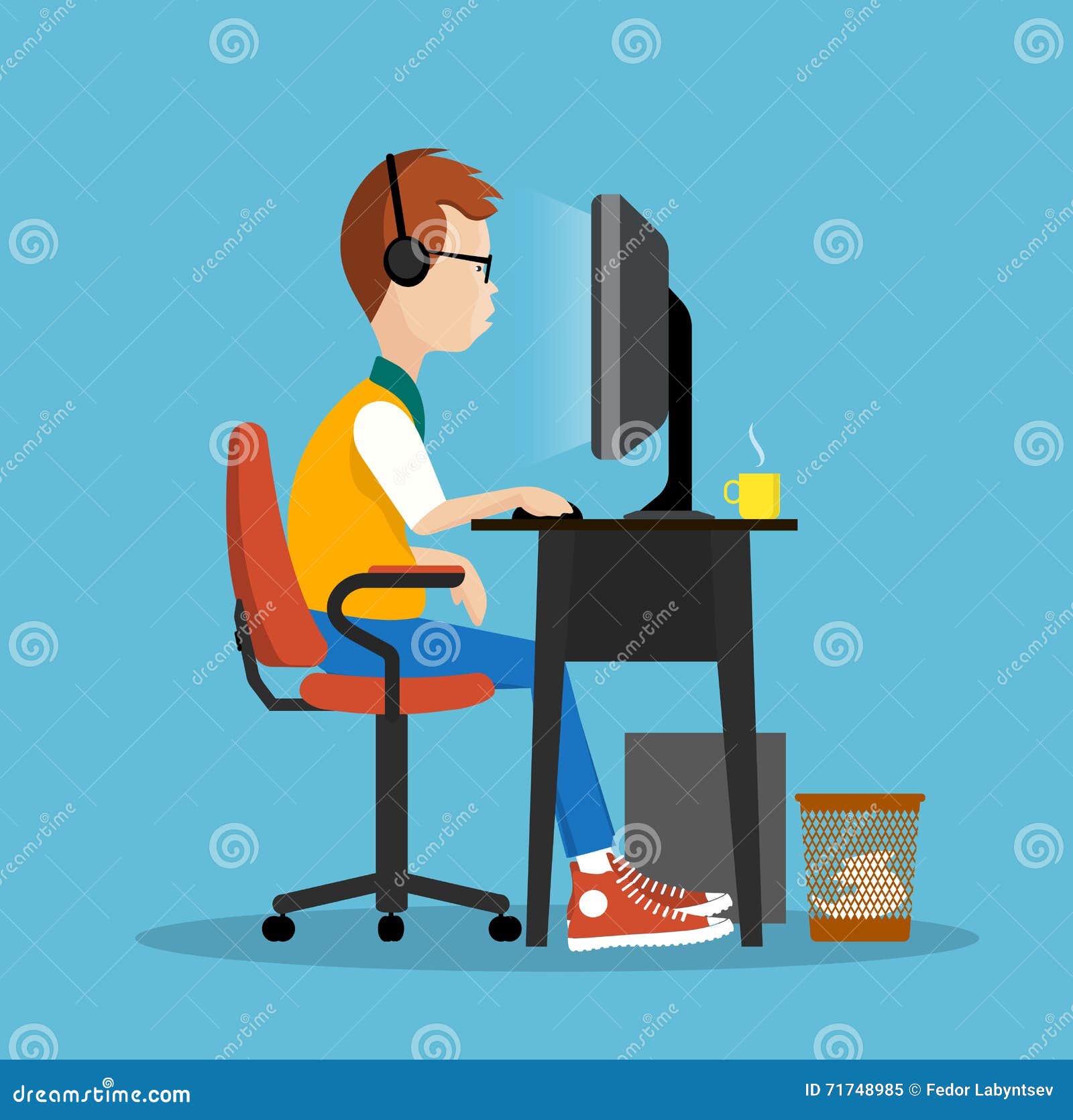 Young man at the computer stock vector. Illustration of computer - 71748985