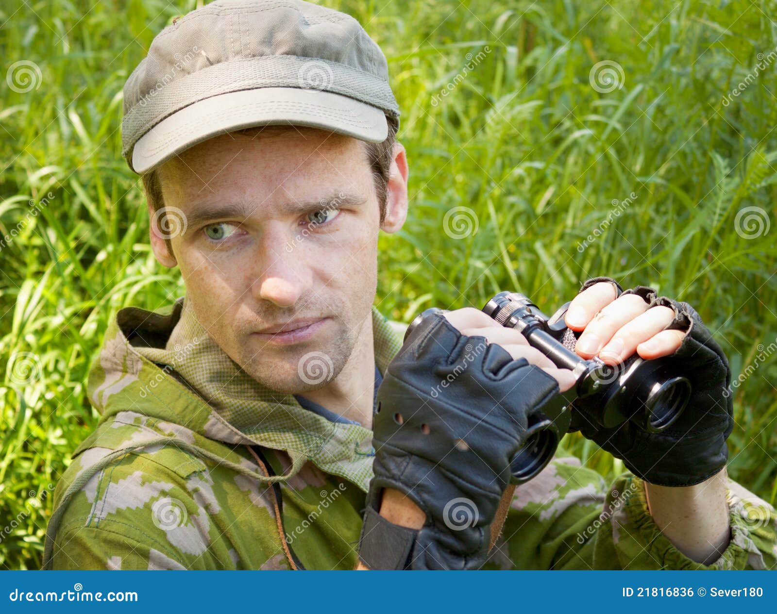 The Young Man Conducts Observation Stock Photo - Image of male, person ...
