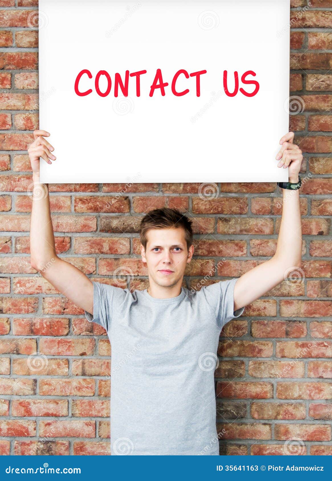 Young Man with Contact Us Words Stock Image - Image of feedback ...