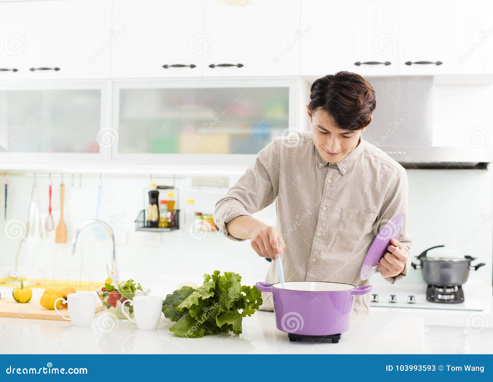 Man Cooking at Home in Kitchen Stock Image - Image of house, male ...