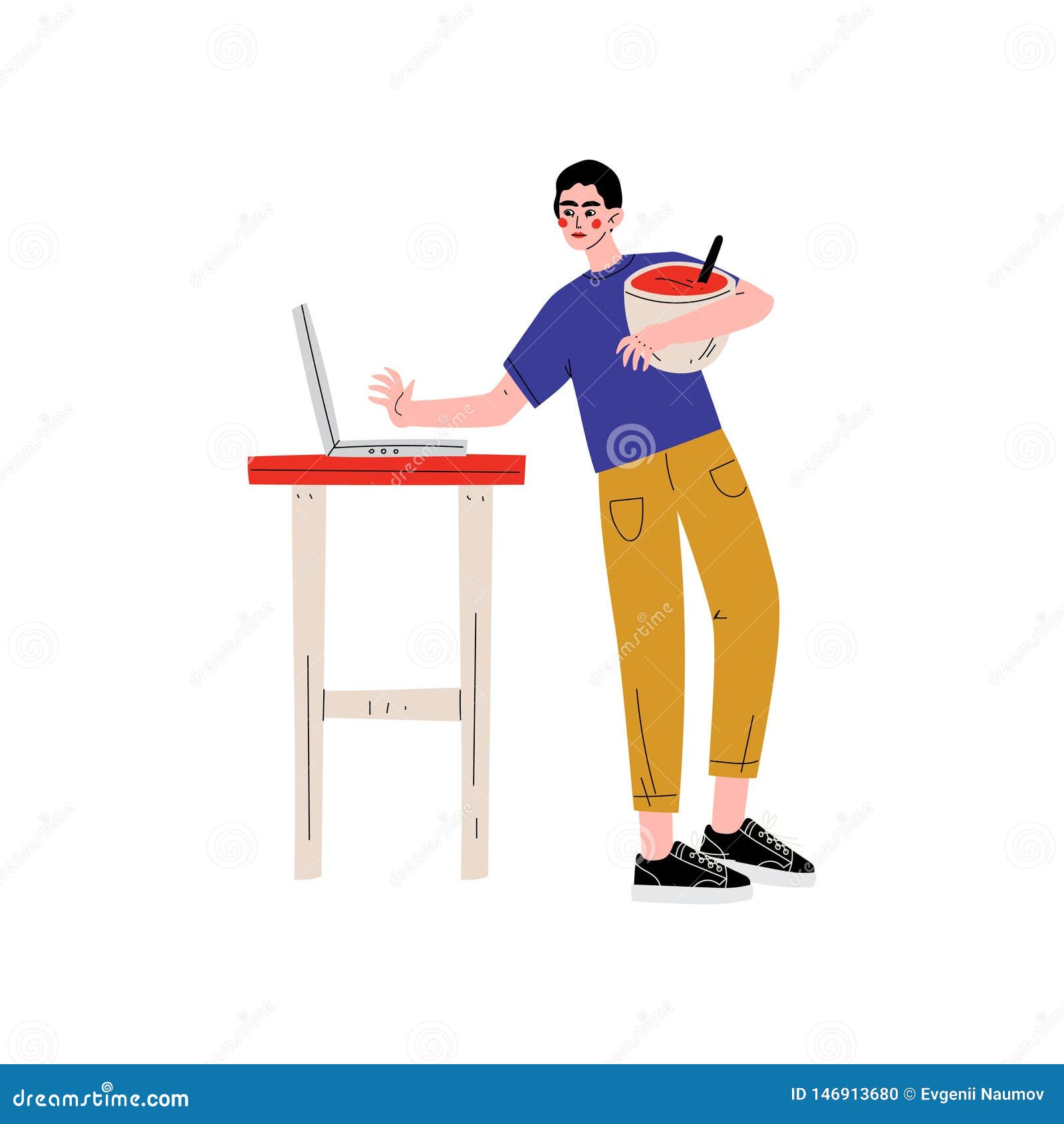 Young Man Cooking in Kitchen Using Laptop Computer Vector Illustration ...
